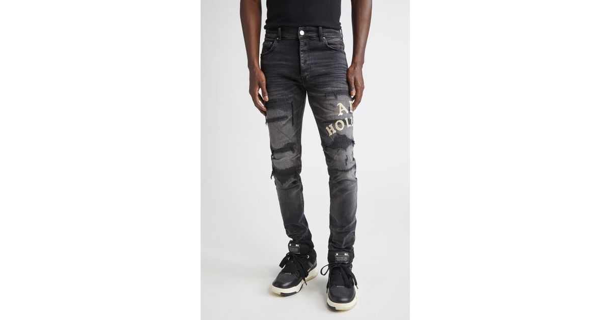 Amiri Hollywood Appliqué Rip & Repair Slim Fit Jeans in Gray for Men | Lyst
