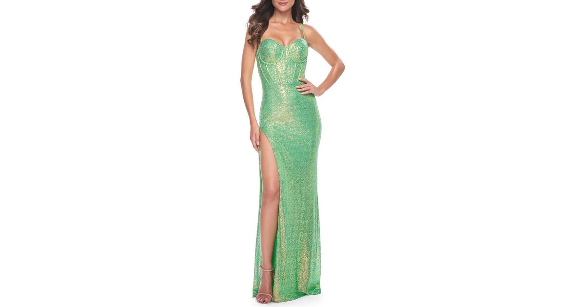 La Femme Bustier Sequin Neon Prom Dress With Lace Up Back in Green | Lyst