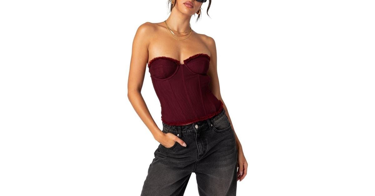 Edikted Deirdre Lace-Up Strapless Mesh Corset Top in Red | Lyst