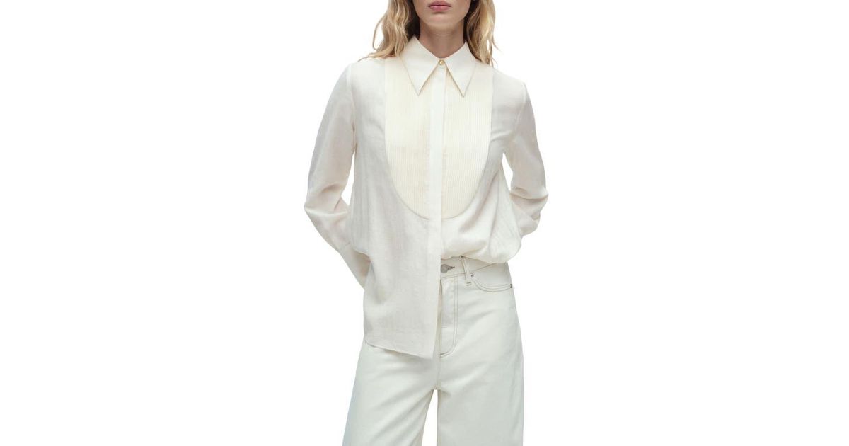 Mango Shelby Pleated Contrast Panel Button-Up Shirt in White | Lyst