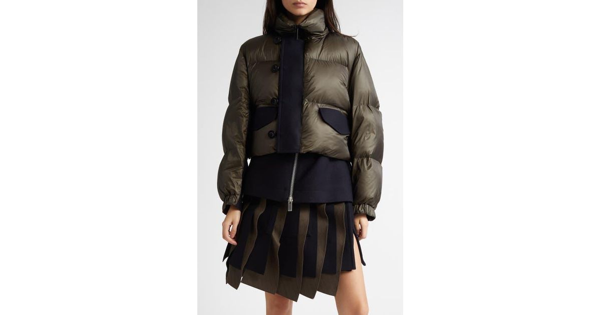 Sacai Wool & Nylon Down Puffer Jacket in Brown | Lyst
