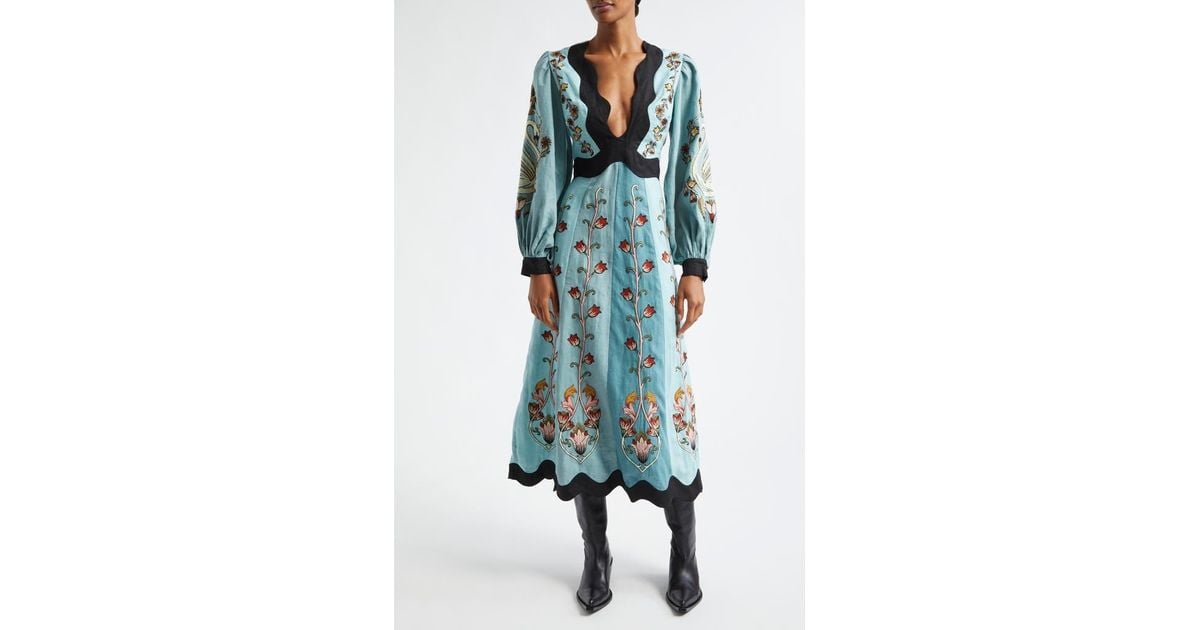 FARM Rio Floral Embroidered Long Sleeve Cutout Linen Midi Dress in Blue ...
