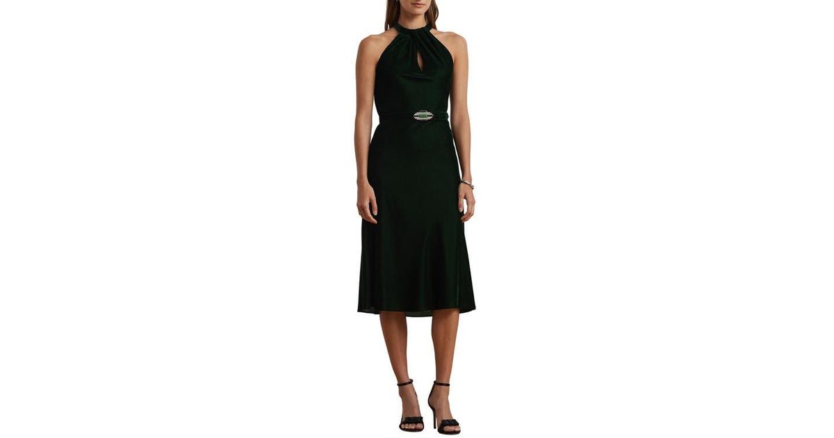 Ralph Lauren Belted Velvet Halter Neck Cocktail Dress in Black | Lyst