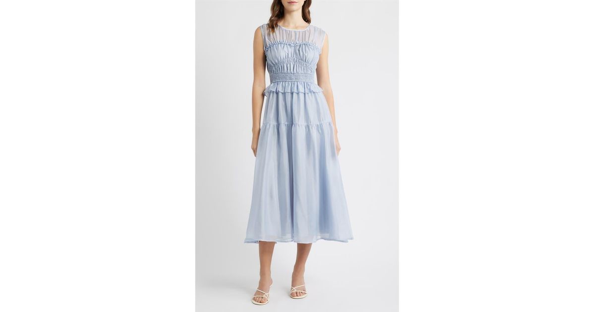 Moon River Semi Sheer Yoke Gathered Peplum Midi Dress in Blue | Lyst