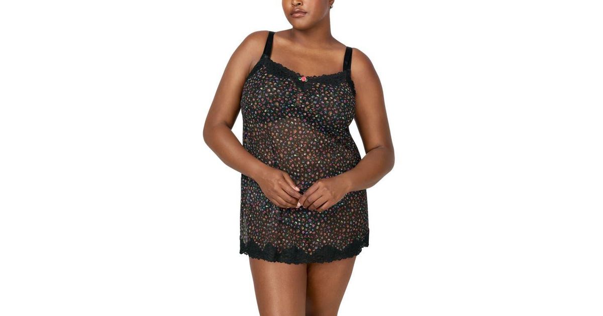 Curvy Couture Ditsy Floral Sheer Lace Trim Chemise in Black | Lyst