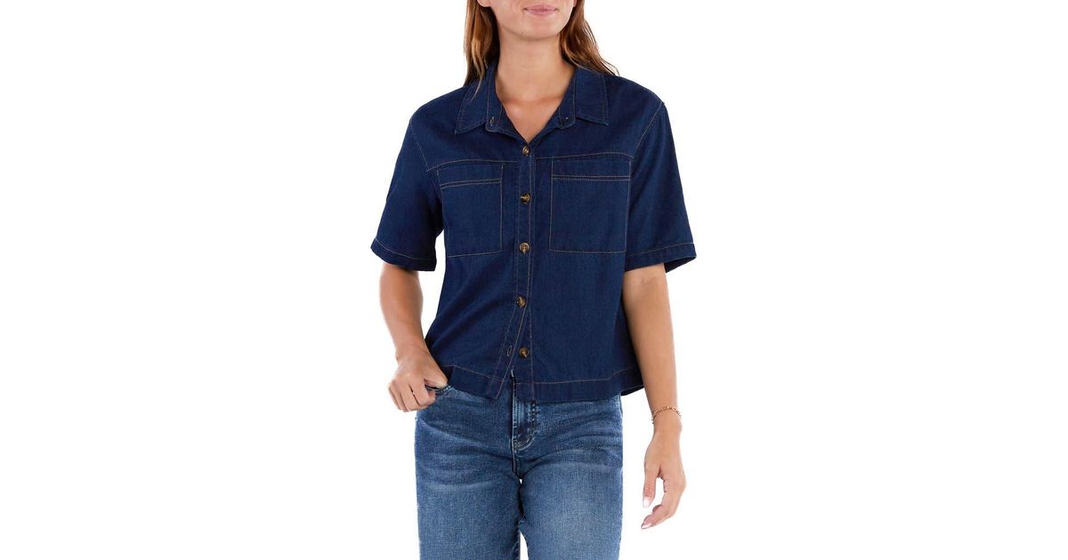 Wash Lab Denim Boxy Short Sleeve Denim Button-Up Shirt in Blue | Lyst