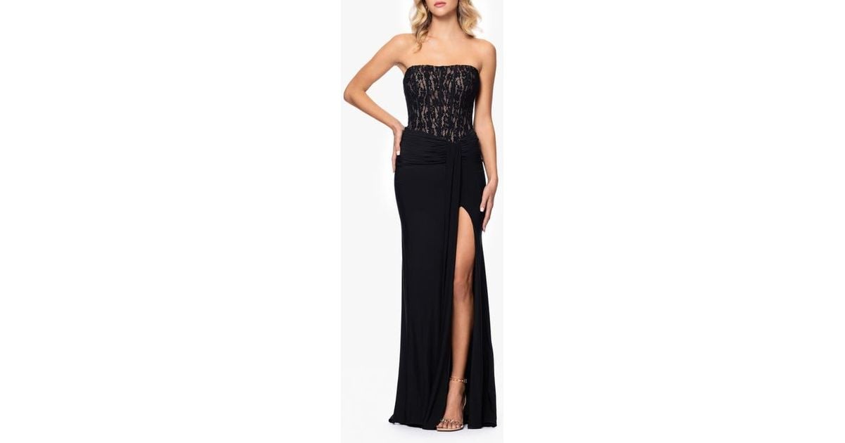 Betsy & Adam Sequin Lace Bodice Strapless Gown in Black | Lyst