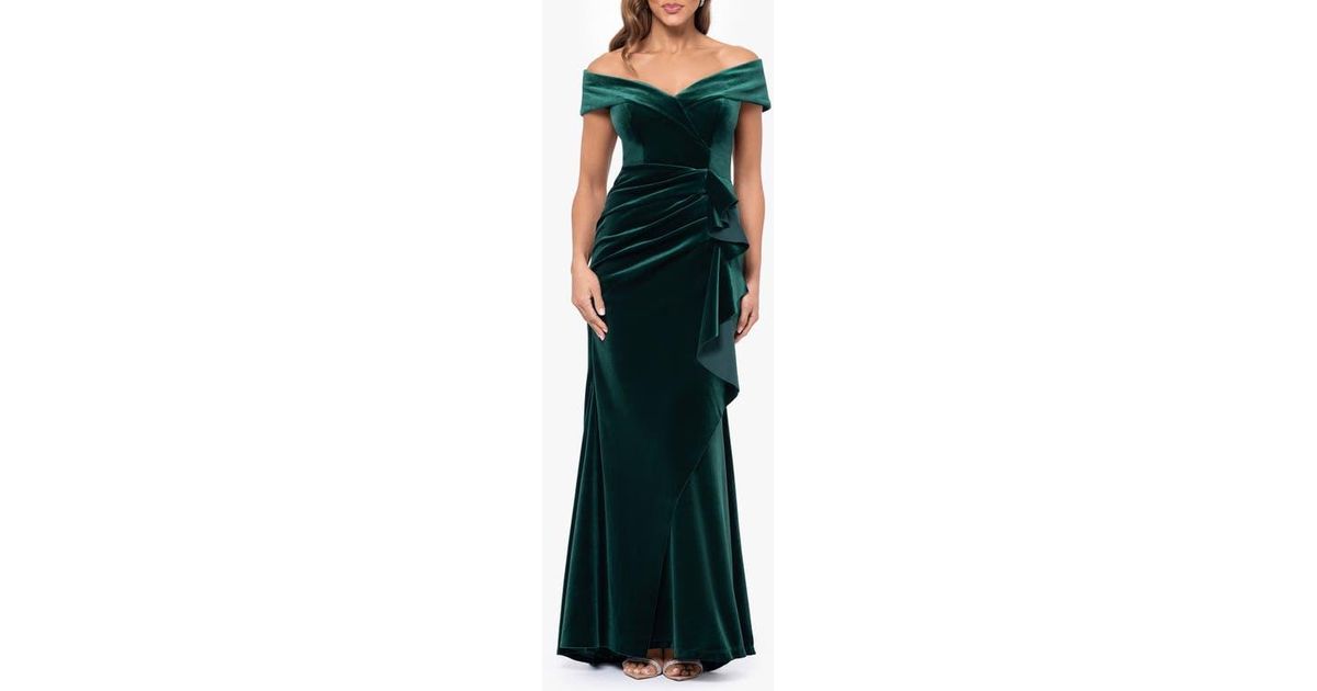 Xscape Evenings Ruffle Off The Shoulder Stretch Velvet Gown in Green | Lyst