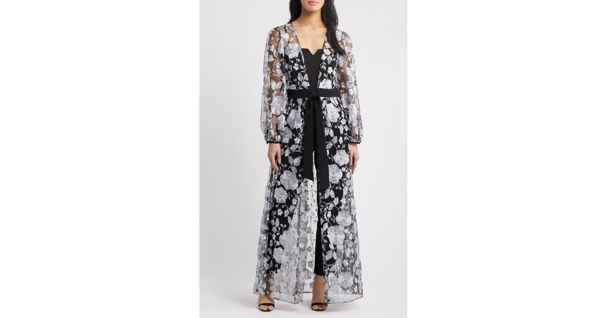 Julia Jordan Floral Embroidery Long Jacket & Jumpsuit Set in Gray | Lyst