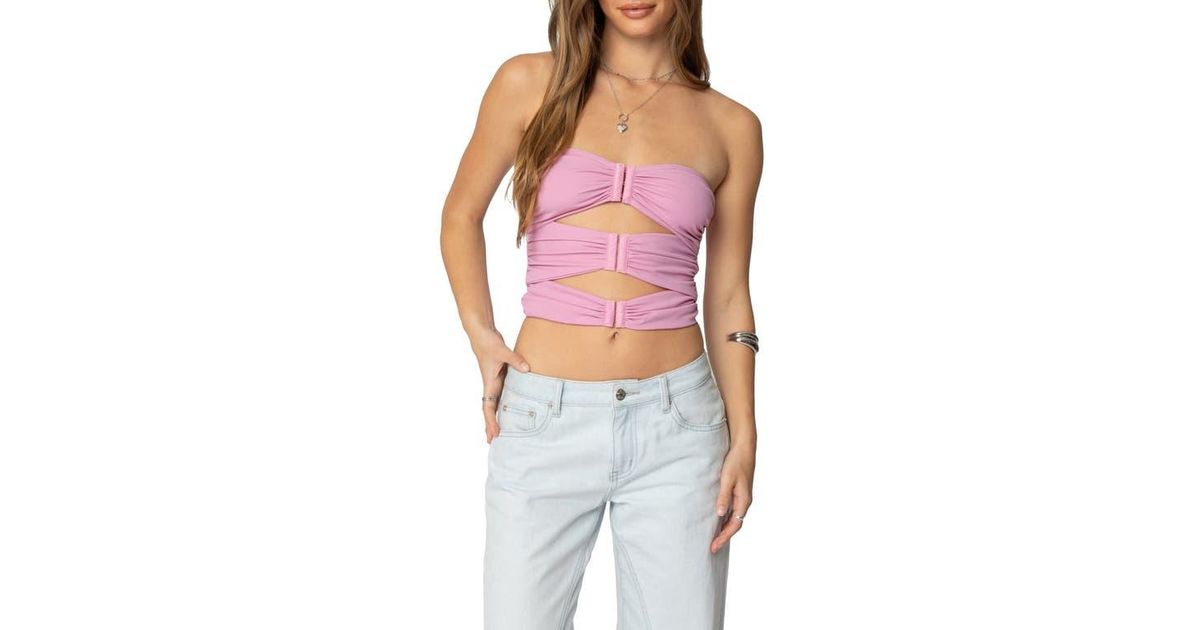 Edikted Ariella Cutout Strapless Crop Top in Red | Lyst