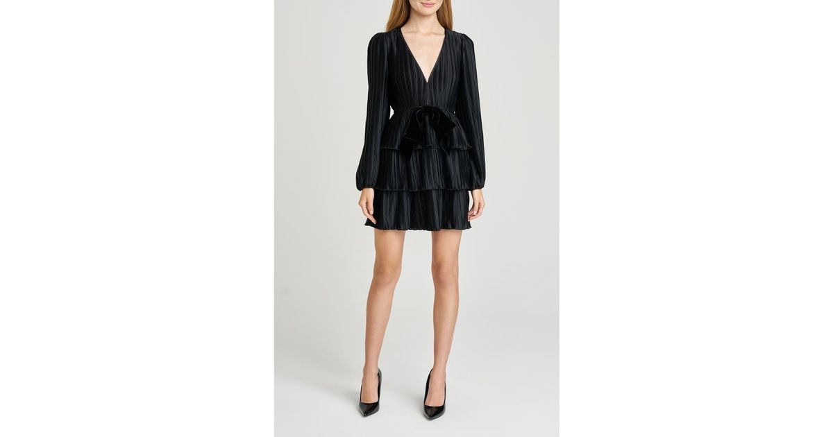 Wayf Melissa Plissé Long Sleeve Tiered Minidress in Black | Lyst
