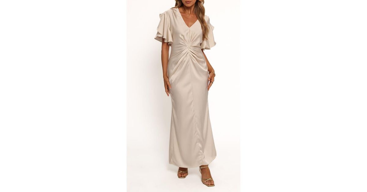 Petal & Pup Georgianna Center Ruched Satin Maxi Dress in Natural | Lyst
