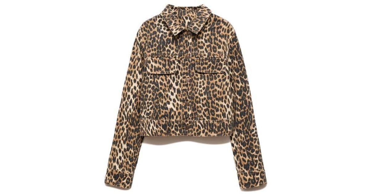 Mango Leopard Print Denim Trucker Jacket in Natural | Lyst