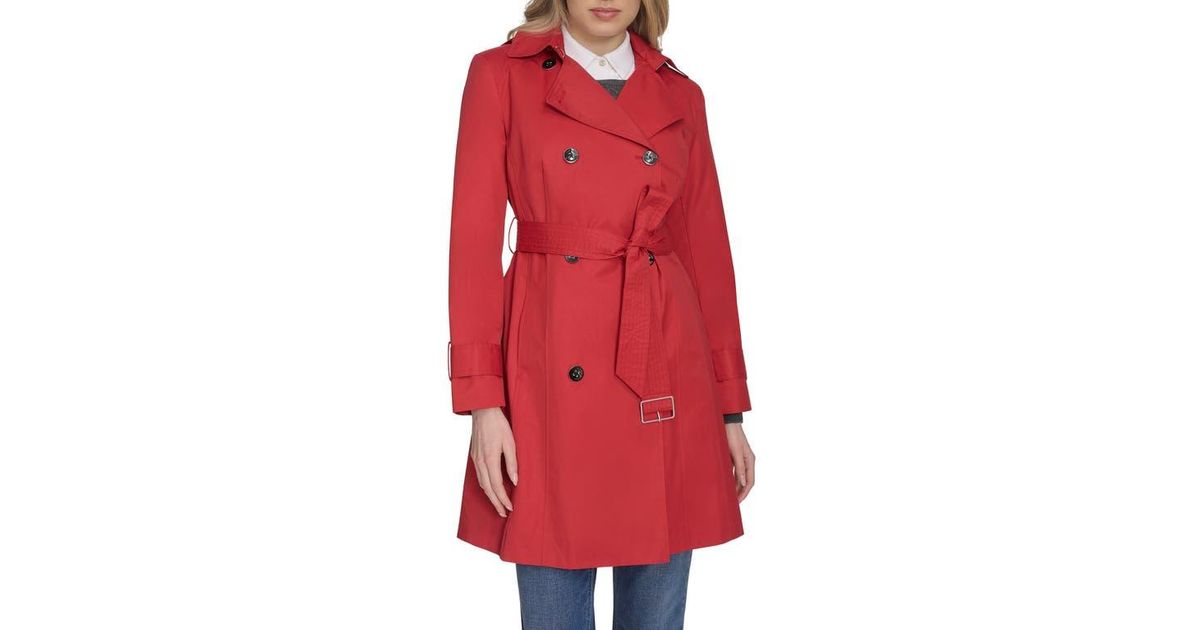 Cole Haan Water Resistant Trench Coat With Removable Hood in Red | Lyst