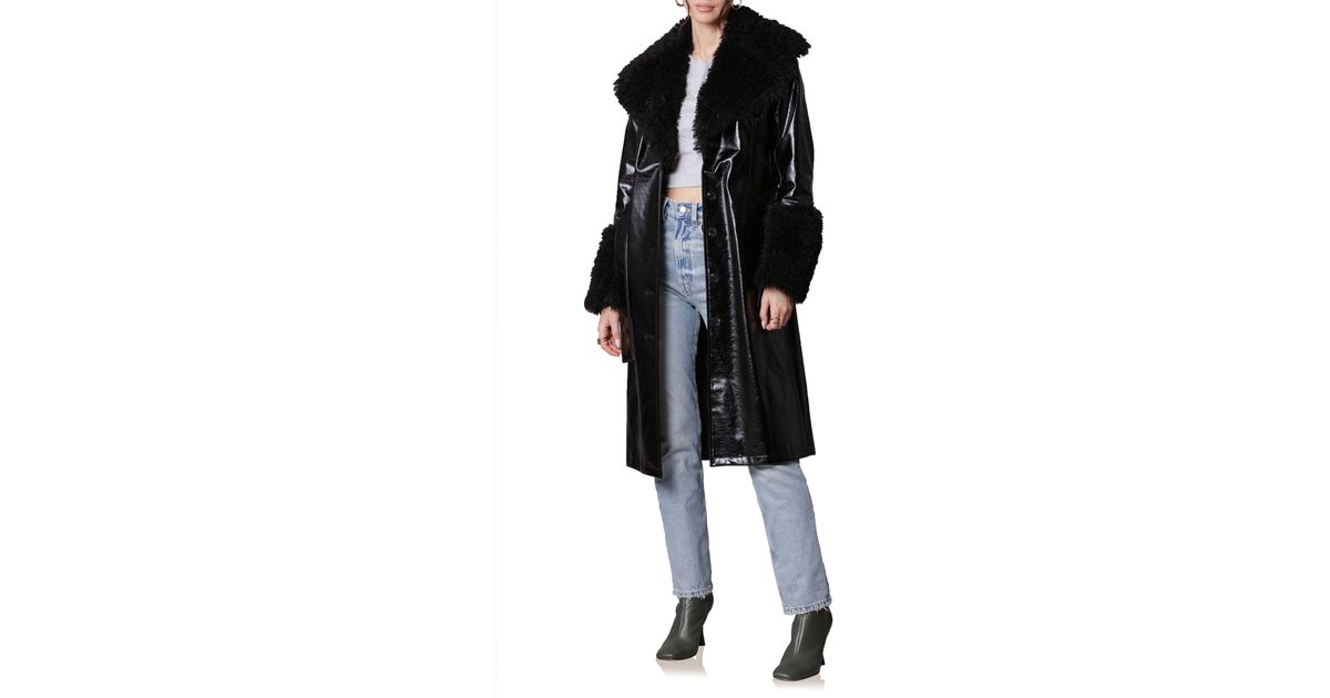 Avec Les Filles Belted Faux Fur Trim Faux Ever Leather Trench Coat In