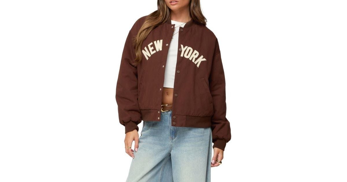 Edikted Big Apple Oversize Cotton Bomber Jacket in Brown | Lyst
