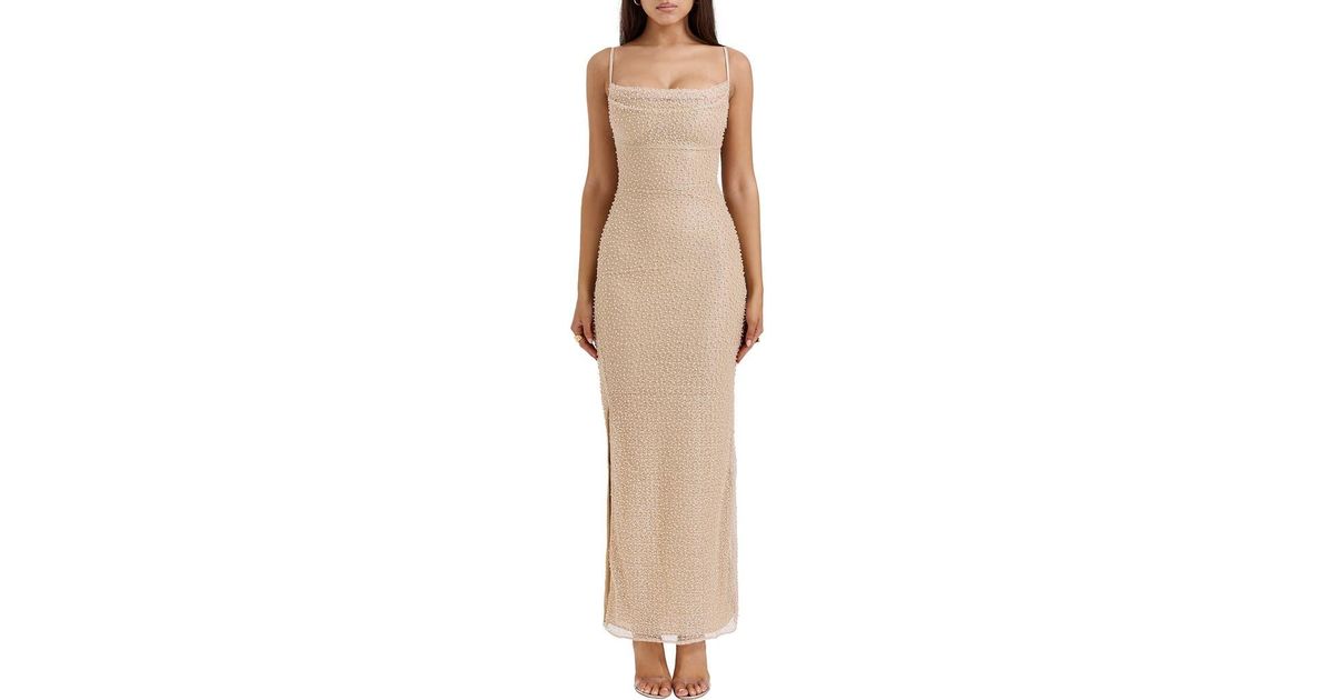 House Of Cb Calla Beaded Mesh Overlay Gown in Natural | Lyst