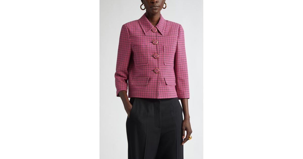 St. John Mini Plaid Tweed Crop Jacket in Red | Lyst