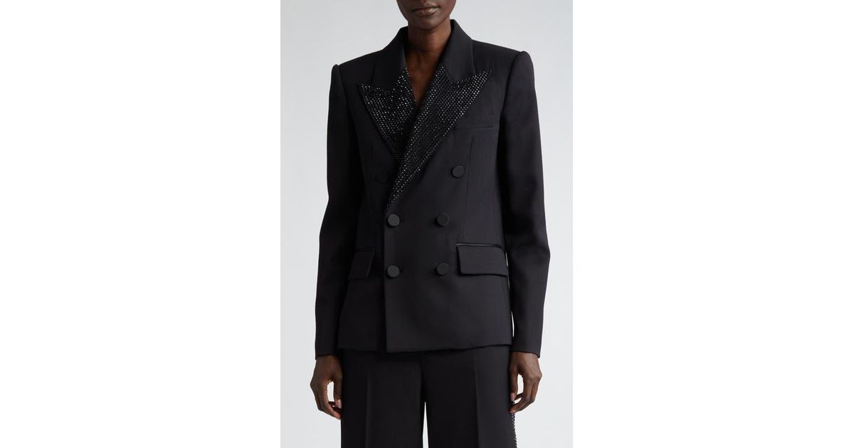 Area Crystal Embellished Double Breasted Stretch Wool Tuxedo Jacket in ...
