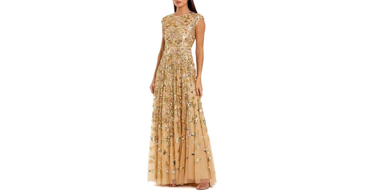 Mac Duggal Sequined High Neck Cap Sleeve A Line Gown in Natural | Lyst