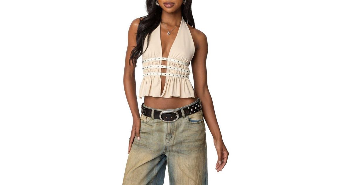 Edikted Studded Split Front Open Back Halter Top in Red | Lyst