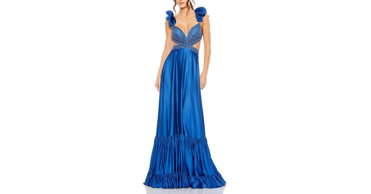Mac Duggal Sequined Mesh Overlay Satin Dress With Ruffled Cap Sleeves ...