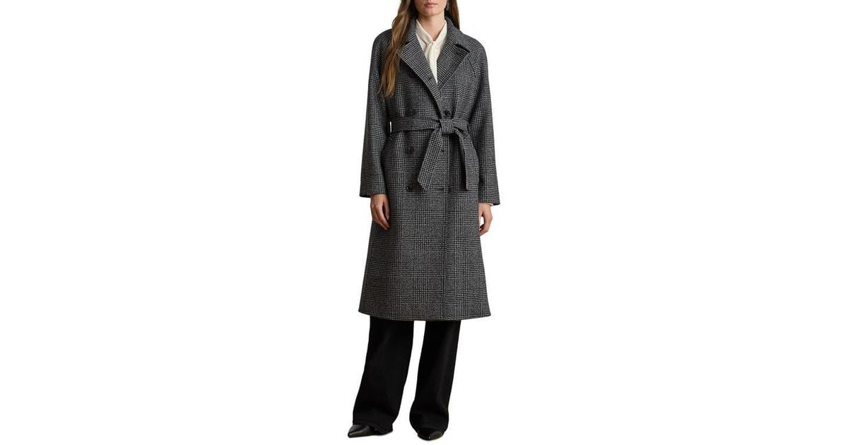 Ralph Lauren Plaid Belted Double Breasted Coat in Black | Lyst