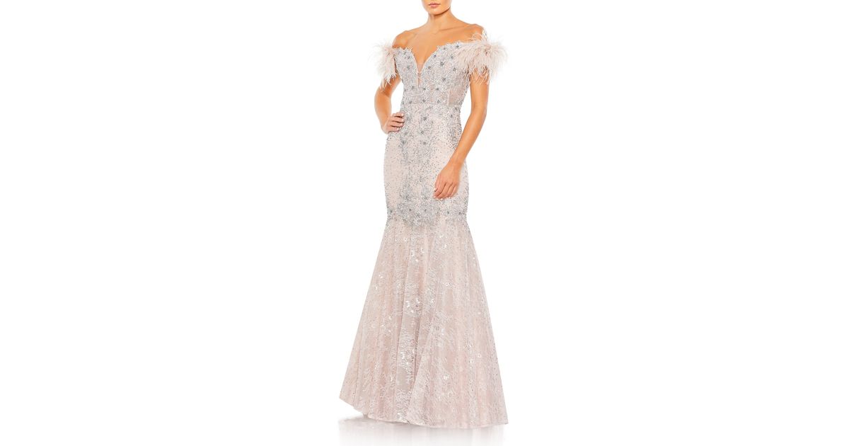 Mac Duggal Beaded Feather Trim Off The Shoulder Mermaid Gown In Purple