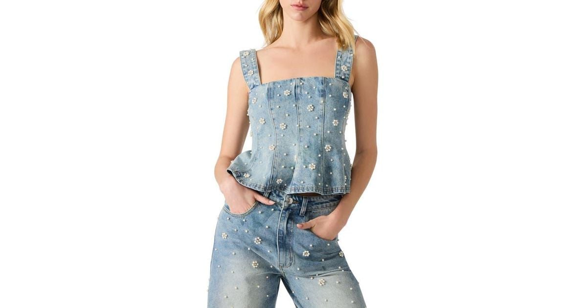 Steve Madden Fiorella Beaded Peplum Denim Tank in Blue | Lyst