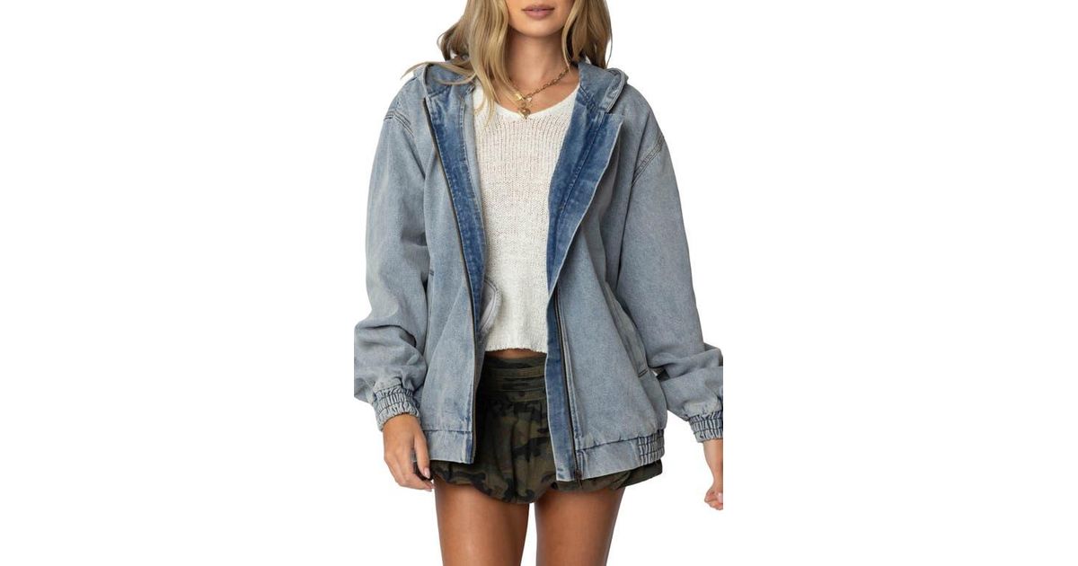 Edikted Front Zip Denim Hooded Jacket in Gray | Lyst