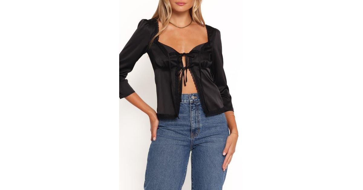 Petal & Pup Cadey Split Front Lace Trim Satin Top in Black | Lyst