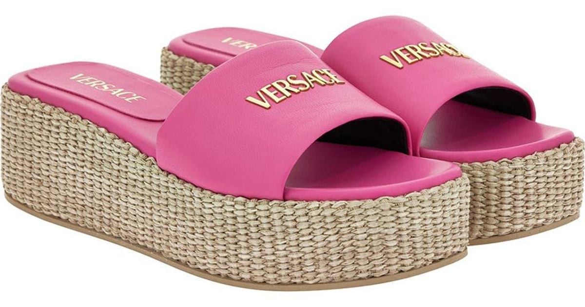 Versace Logo Espadrille Platform Slide Sandal in Pink | Lyst