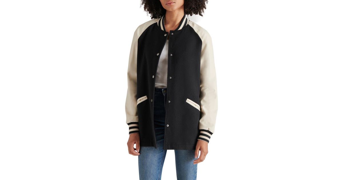 Steve Madden Skylie Faux Leather Sleeve Twill Stadium Bomber Jacket in ...