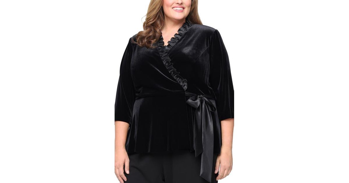 Alex Evenings Stretch Velvet Wrap Top With Satin Ruffle Detail in Black ...