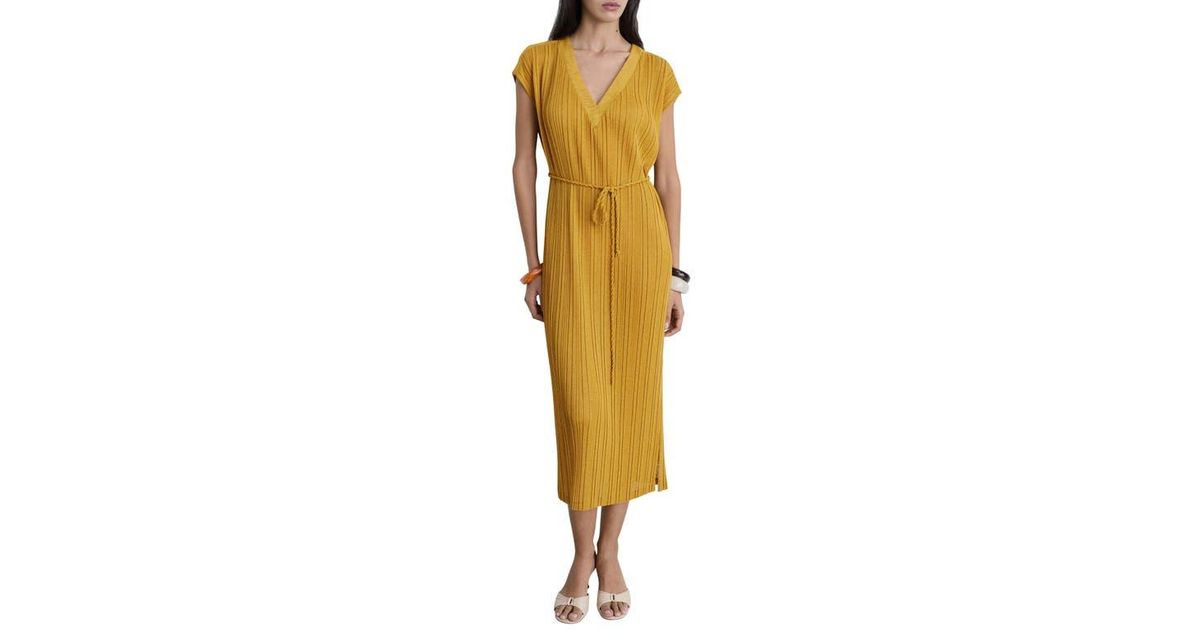 Mango Pleated Belted Midi Dress in Yellow | Lyst