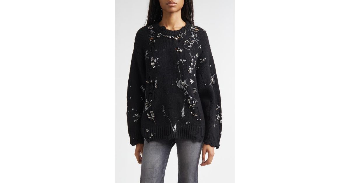 R13 Oversize Safety Pin Embellished Merino Wool Sweater in Black | Lyst