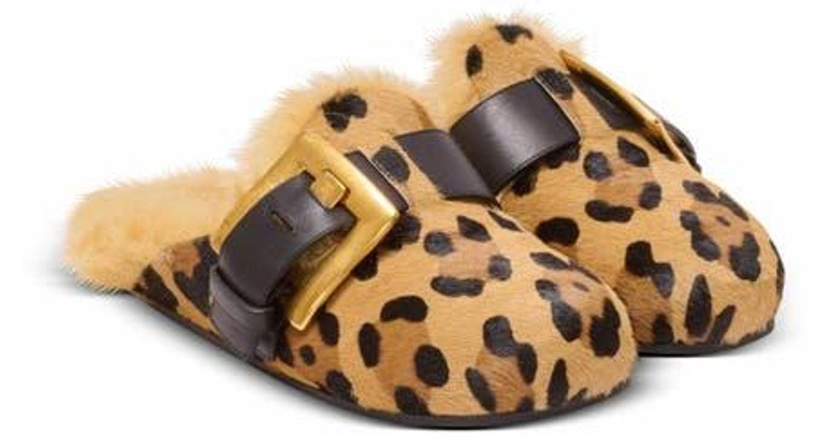 Balmain Anthem Leopard Print Ponyskin Leather And Faux Fur Mules in ...
