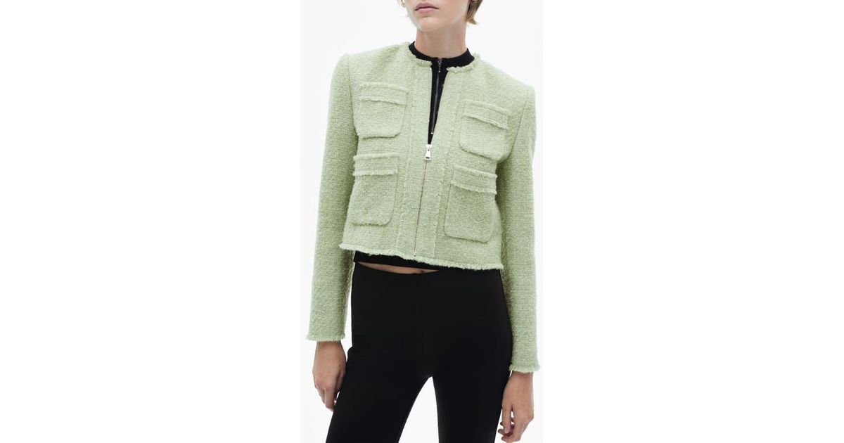 Mango Zip-Up Tweed Jacket in Green | Lyst
