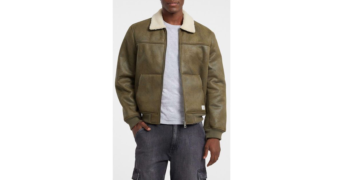Guess Faux Leather & Faux Shearling Bomber Jacket in Green for Men | Lyst