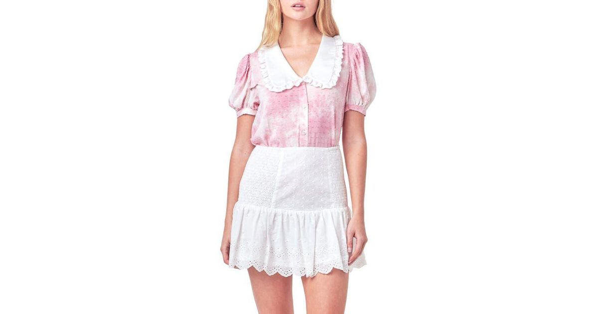 Free the Roses Tie Dye Swiss Dot Ruffle Collar Shirt in White | Lyst