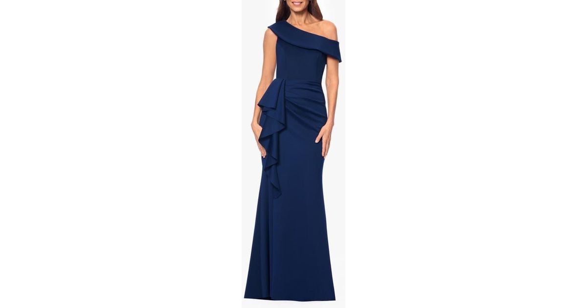 Xscape Evenings Ruffle One-Shoulder Scuba Gown in Blue | Lyst