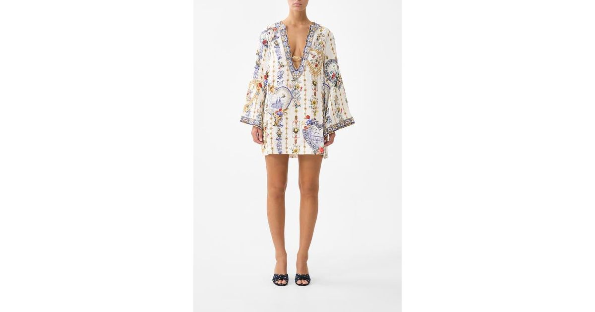 CAMILLA Deep V Neck Hardware Short Kaftan in White | Lyst