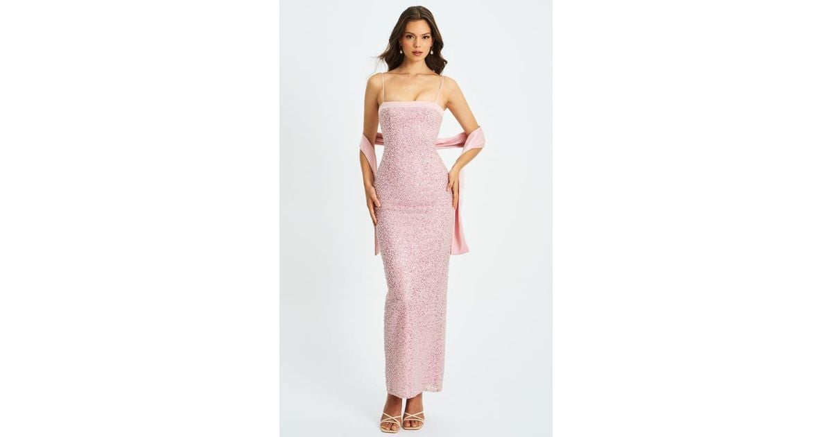 Miss Circle Raizel Beaded Sequin Bodycon Gown With Scarf in Pink | Lyst