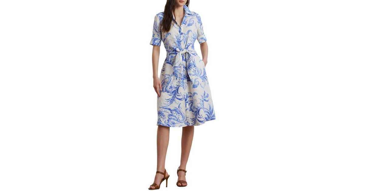 Ralph Lauren Paisley Print Linen Shirtdress in Blue | Lyst
