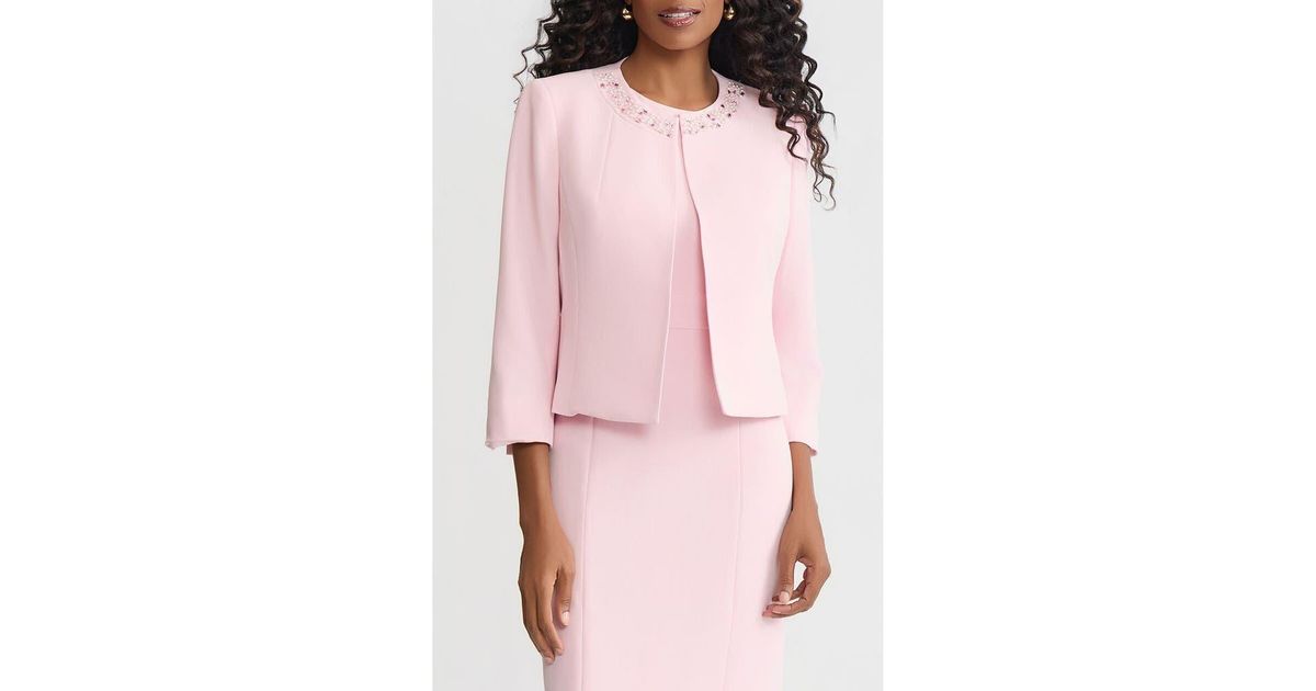 Kasper Imitation Pearl & Crystal Detail Open Jacket in Pink | Lyst