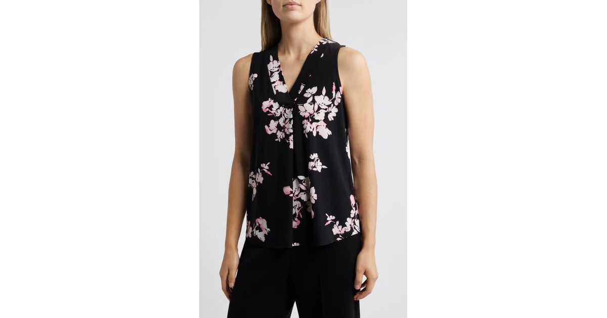 Anne Klein Floral Print Pleat Neck Shell in Black | Lyst