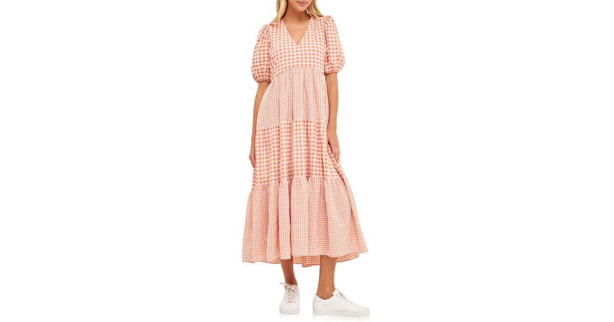 English Factory Mixed Gingham Tiered Dress in Pink | Lyst
