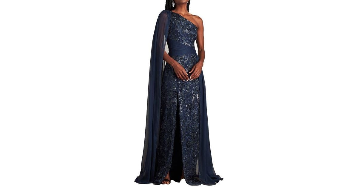 Tadashi Shoji Cap Detail One-Shoulder Sequin Floral Gown in Blue | Lyst