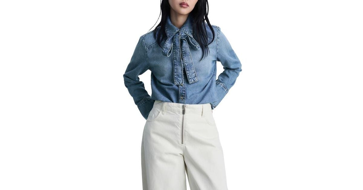 Mango Denim Tie Neck Button-Up Shirt in Blue | Lyst