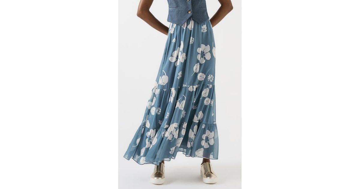 LK Bennett Rumi Floral Tiered Maxi Skirt in Blue | Lyst